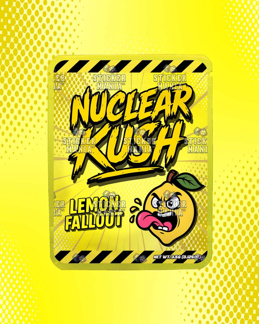 Nuclear Kush Lemon Fallout | Pre-Made Sticker Bag | 3.5g – Sticker Mania